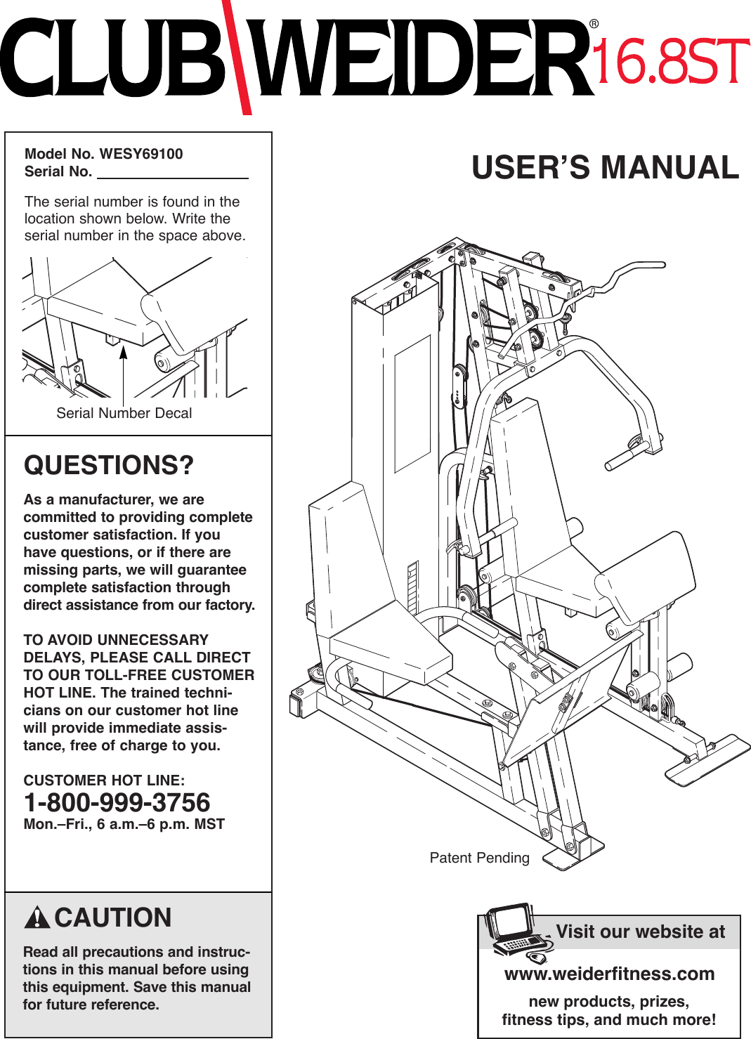 Weider 16 8St Users Manual *WESY69100 168645
