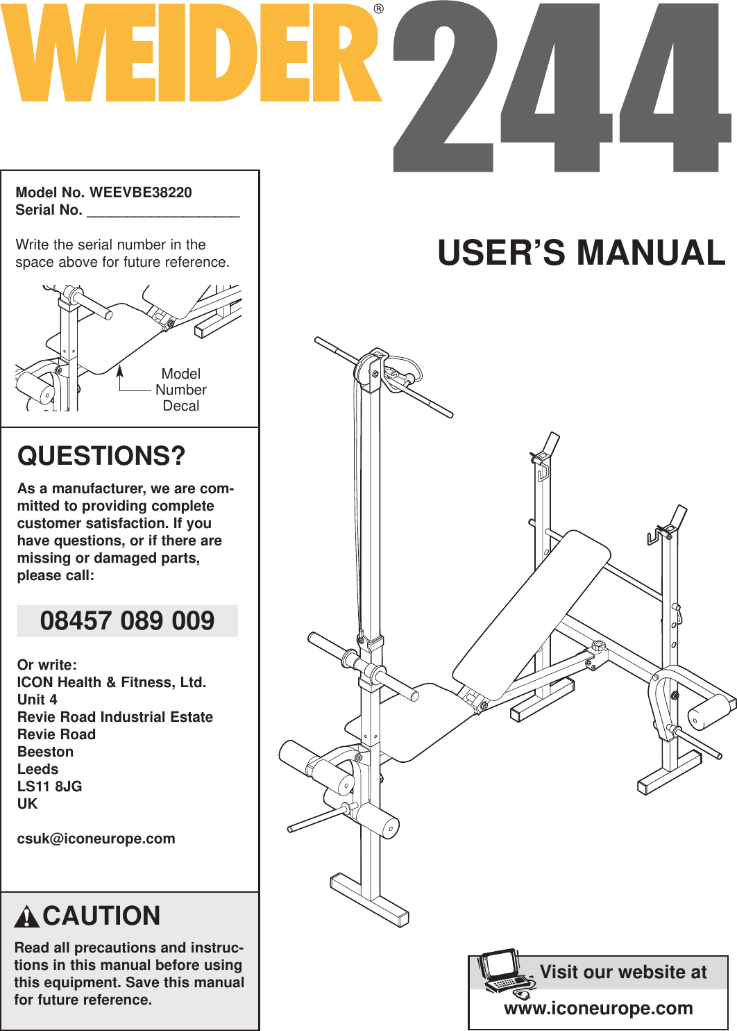 Weider 244 Bench Weevbe3822 Users Manual *WEEVBE38220 200622(UK