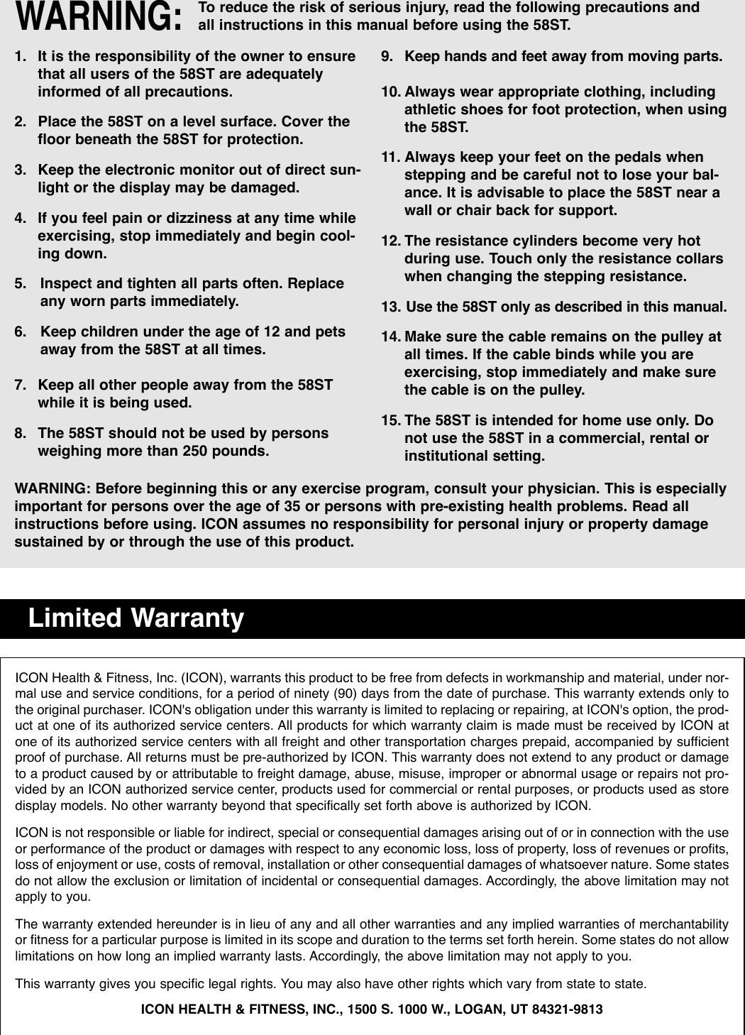 Weider 58St Stepper West4088 Users Manual * WEST40880 147761