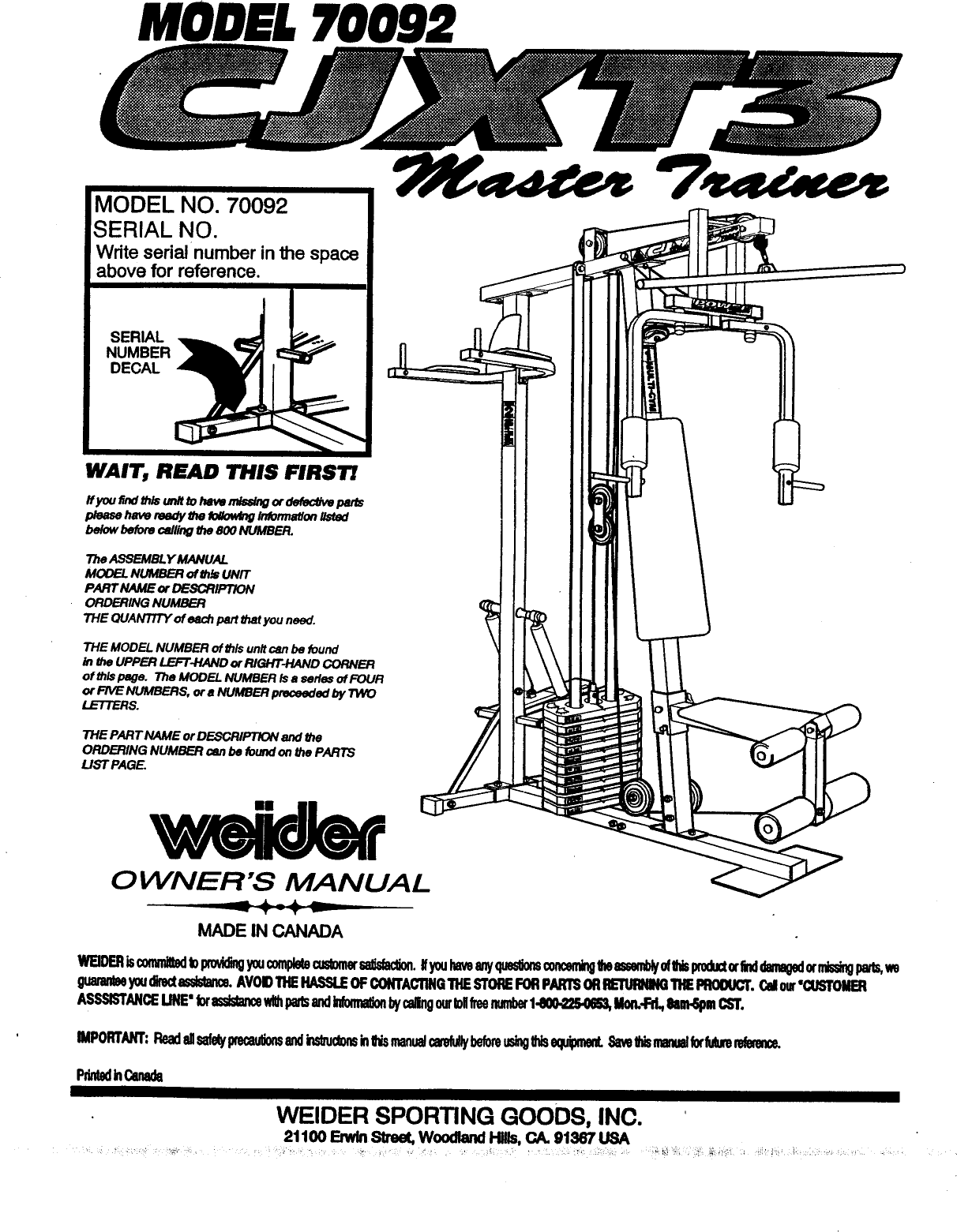 Weider 700920 Owner S Manual