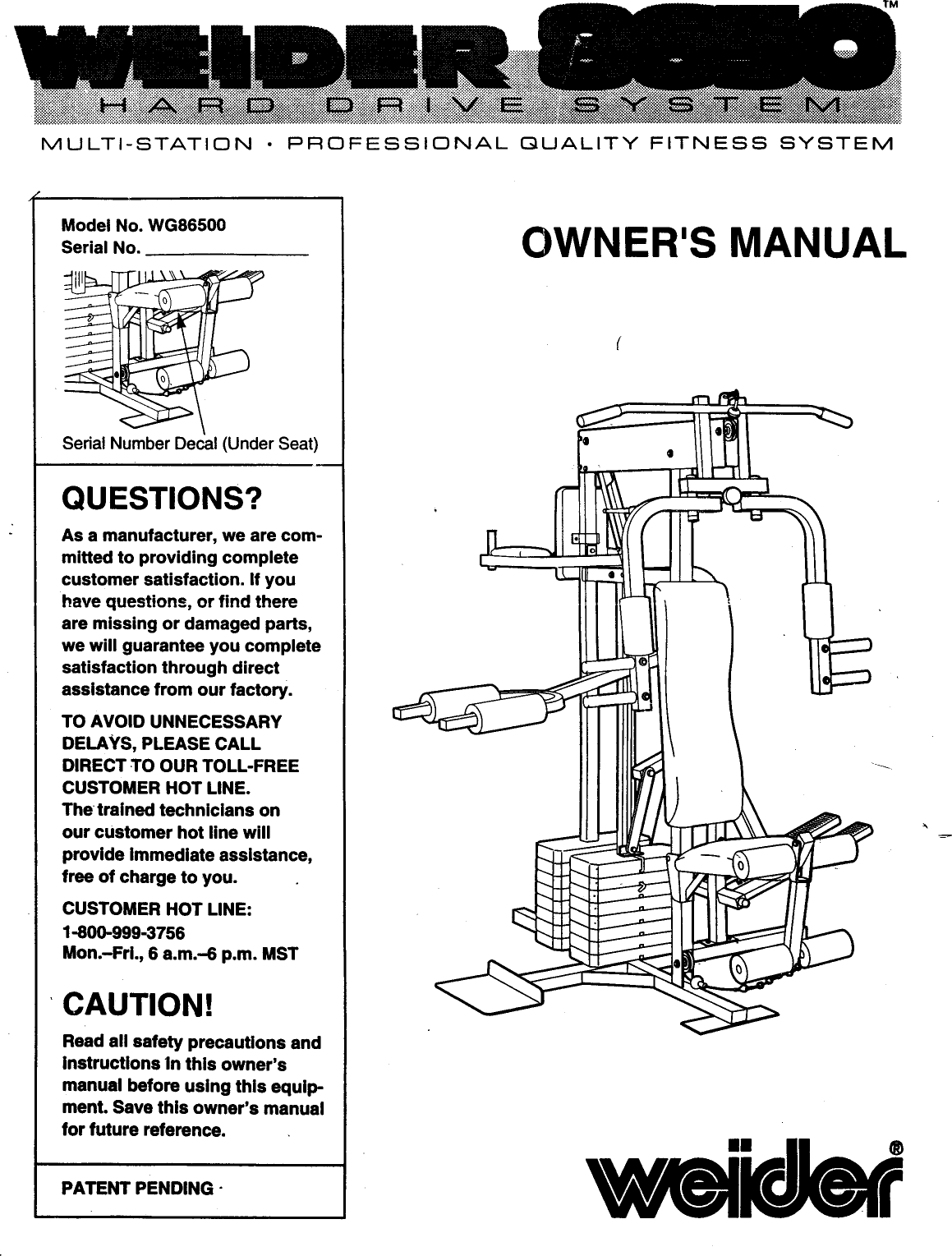 Weider 8650 Hard Drive System Wg8650 Users Manual