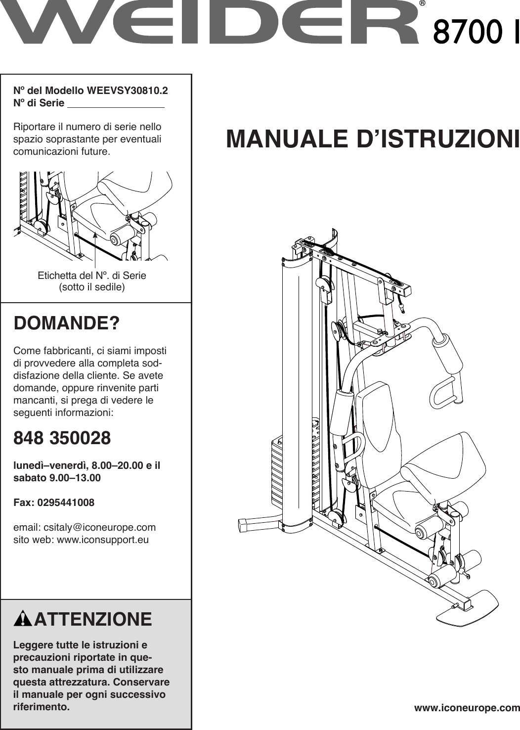 Weider 8700 I System Weevsy30810 Users Manual