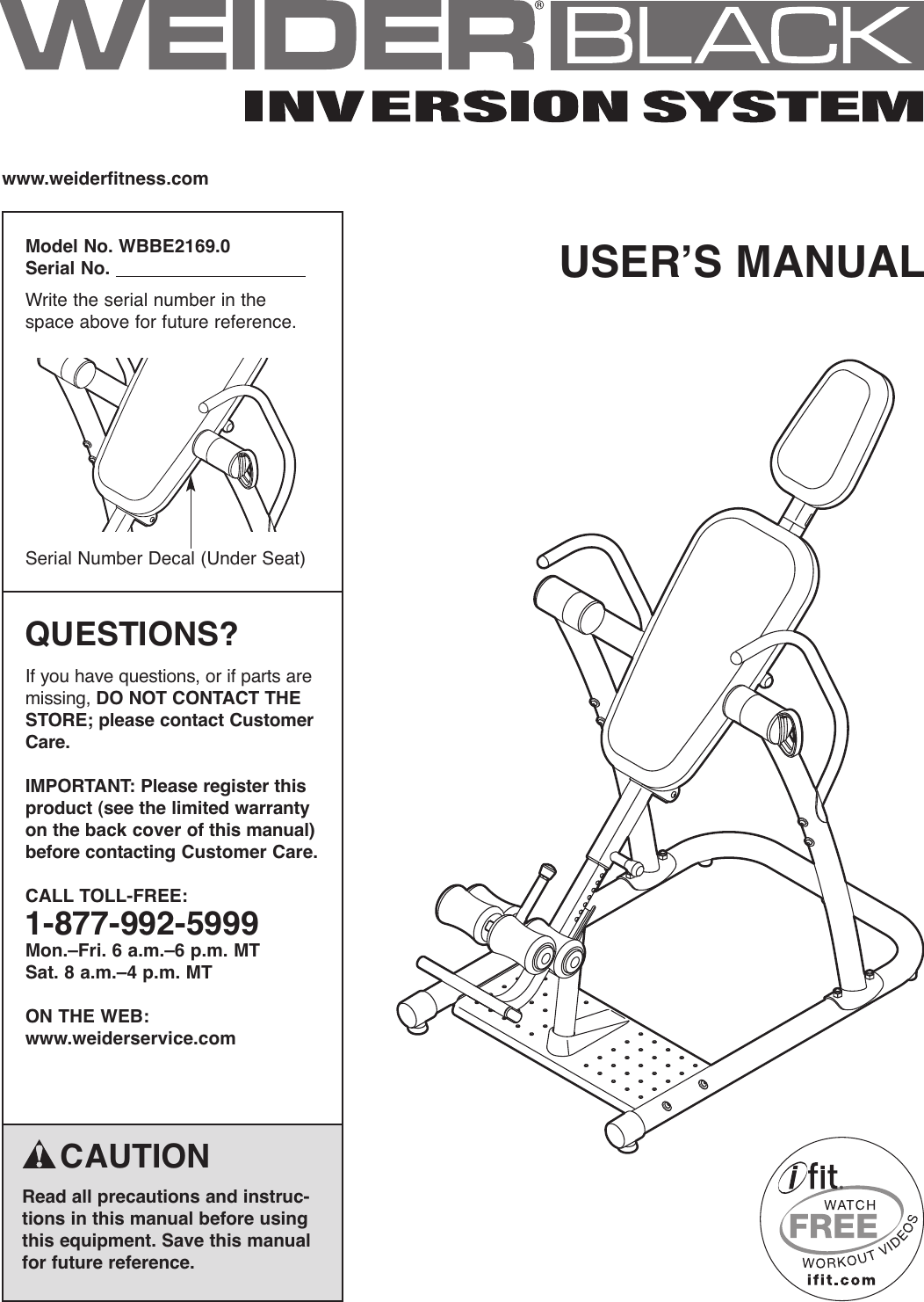 Weider Black Inversion Sys Bench Wbbe2169 Users Manual 285430