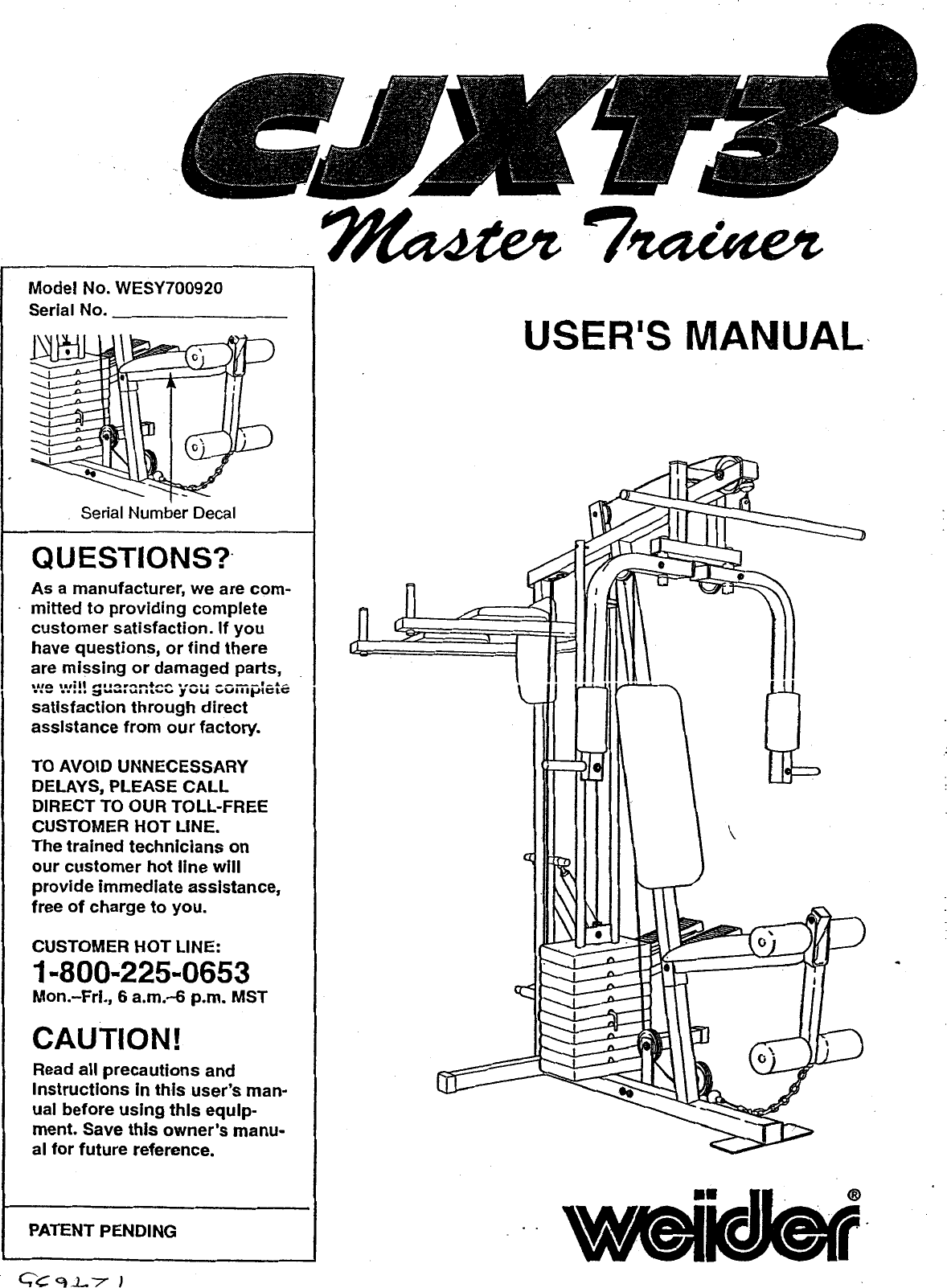 Weider Cjxt3 Master Cross Trainer Wesy70092 Users Manual