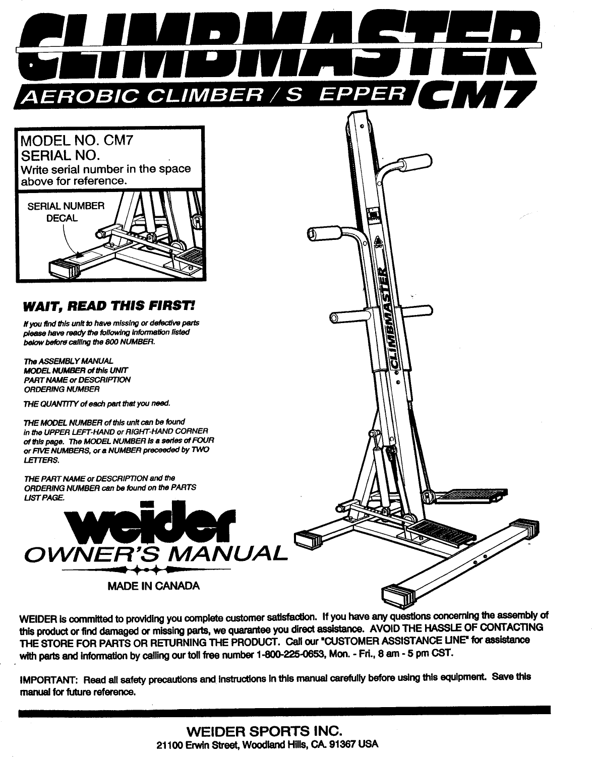 Weider Climbmaster Aerobic Climber Cm7 Users Manual