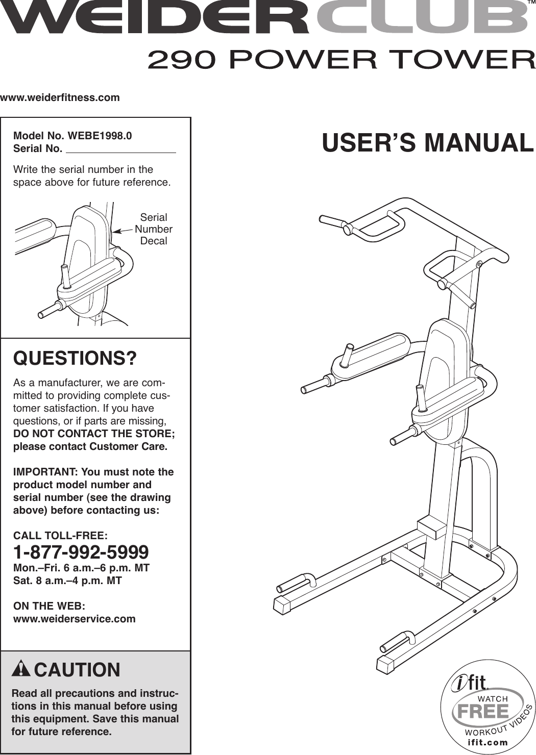 Weider Club 290 Power Tower Bench Webe1998 Users Manual PFEL39031 208048
