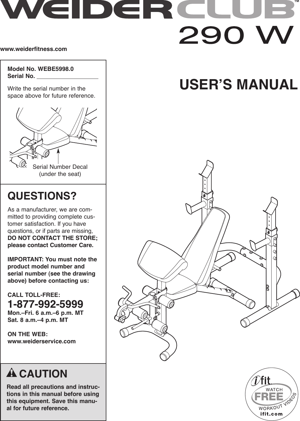 Weider Club 290 W Bench Webe5998 Users Manual PFEL39031 208048