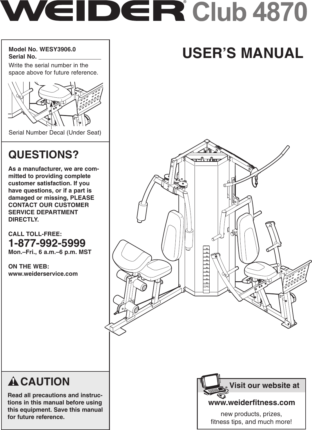 Weider Club 4870 System Wesy3906 Users Manual