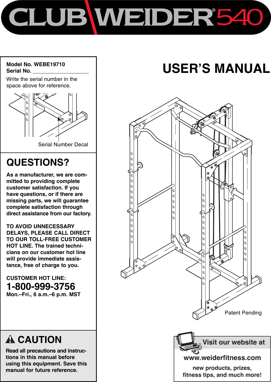 Weider Club 540 Bench Webe1971 Users Manual *WEBE19710 176944