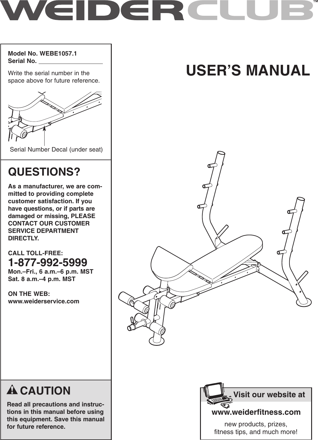 Weider Club Bench Webe1057 Users Manual GGBE25640 223811
