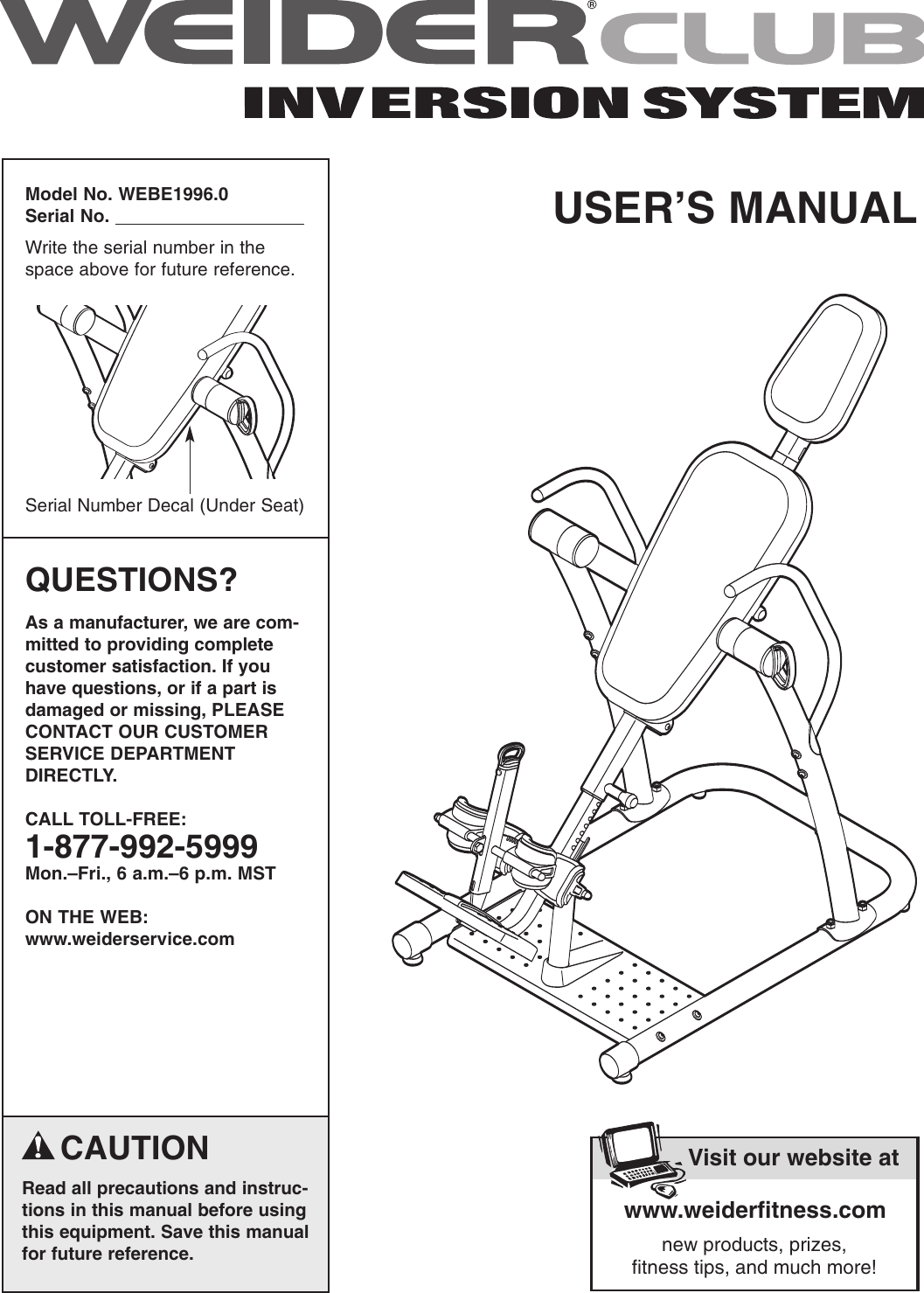 Weider Club Inversion Sys Bench Webe1996 Users Manual