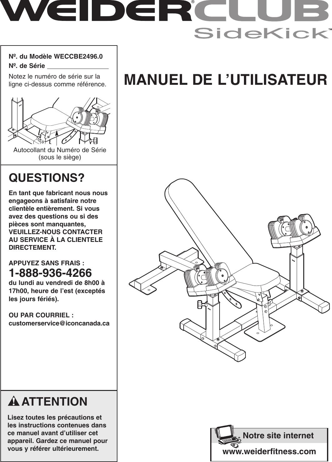 Weider Club Sidekick Bench Weccbe2496 Users Manual