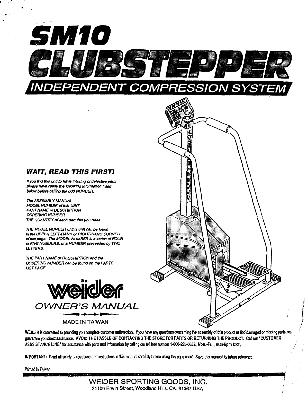 Weider Club Stepper Sm10 Users Manual