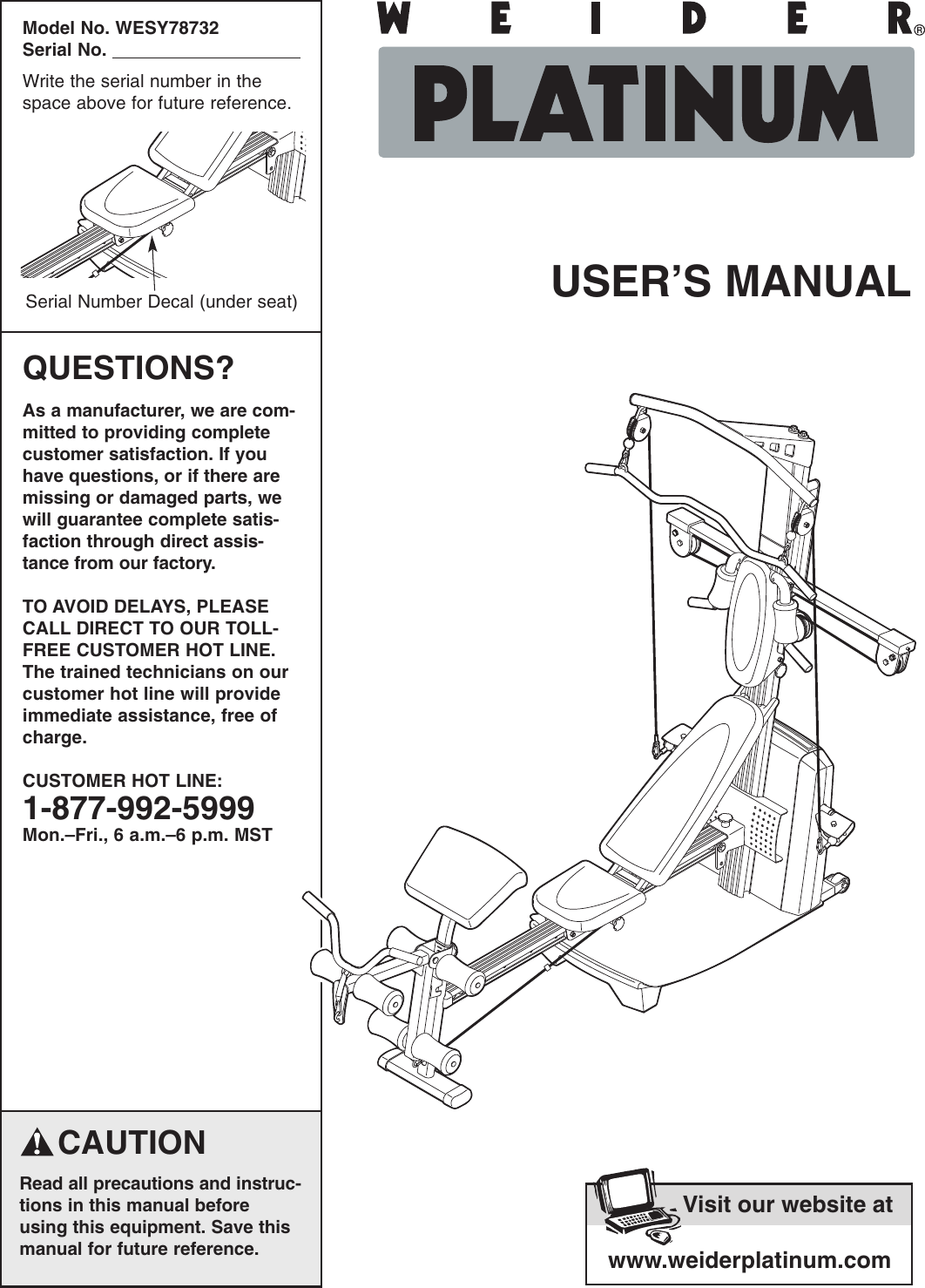 Weider Platinum System Wesy7873 Users Manual *WESY78732 208608