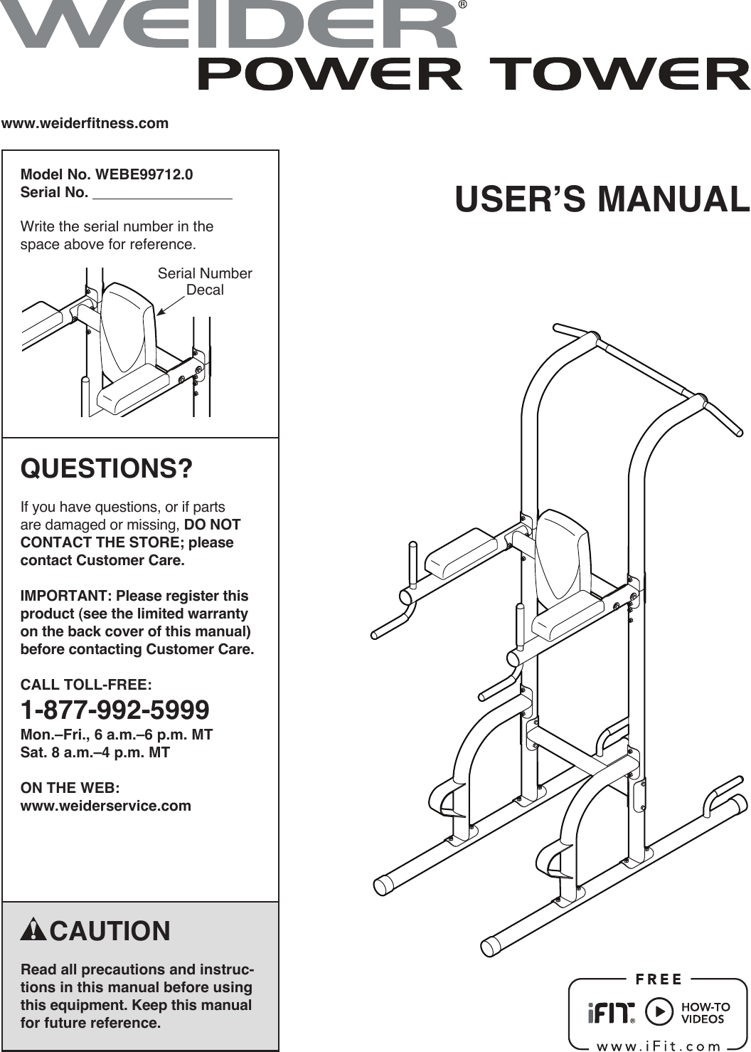 Weider Power Tower Bench Webe99712 Users Manual