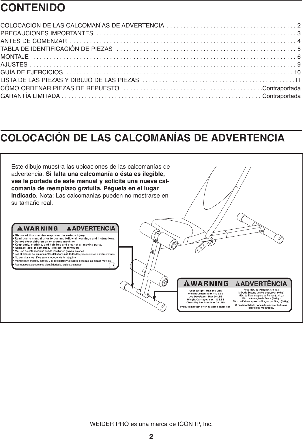 Weider Pro 255 L Bench Webe49310 Users Manual