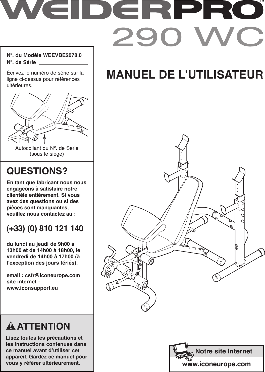 Weider Pro 290 Wc Bench Weevbe2078 Users Manual