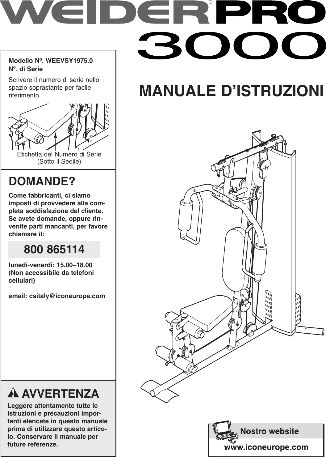 Weider Pro 3000 System Weevsy1975 Users Manual WESY39240 212817