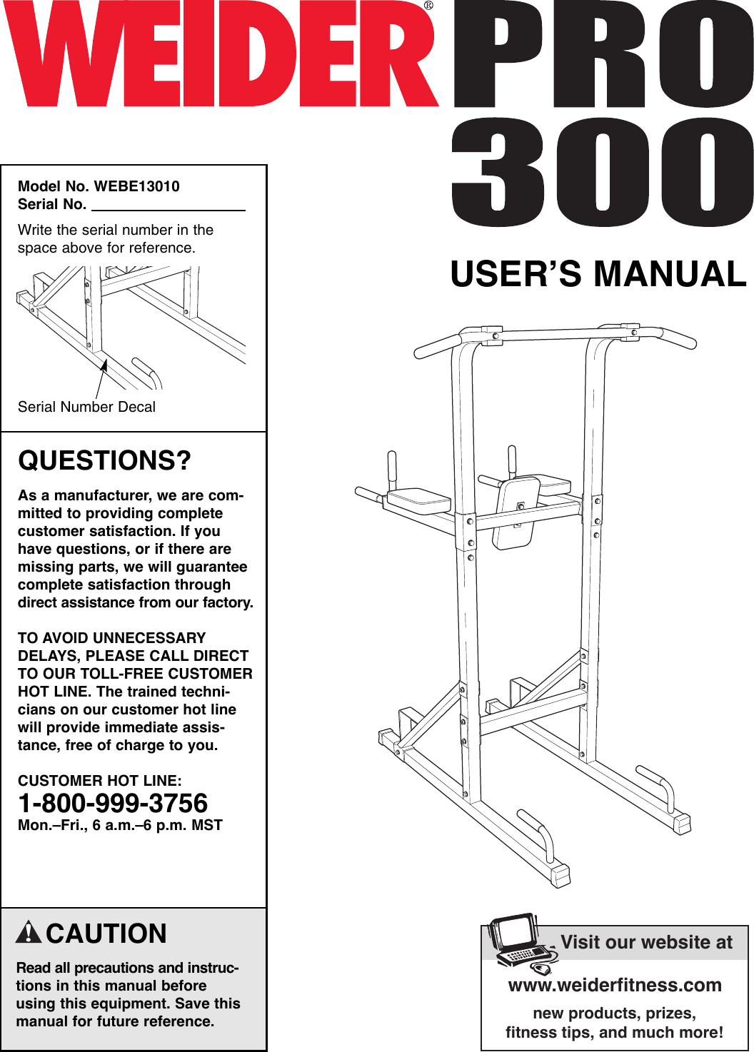 Weider Pro 300 Bench Webe1301 Users Manual *WEBE13010 179339