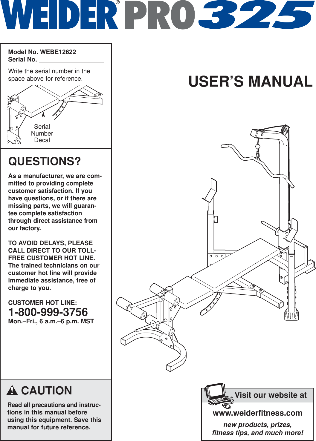 Weider Pro 325 Bench Webe1262 Users Manual *WEBE12622 196856