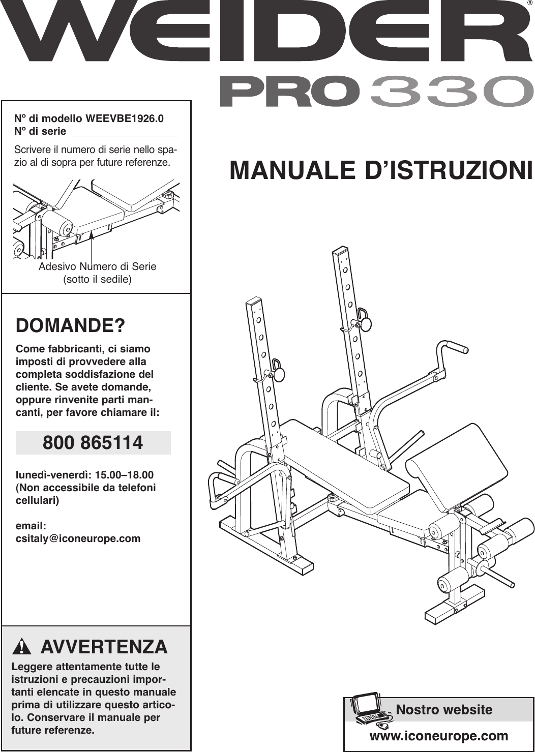 Weider Pro 330 Bench Weevbe1926 Users Manual GGBE12850 227887