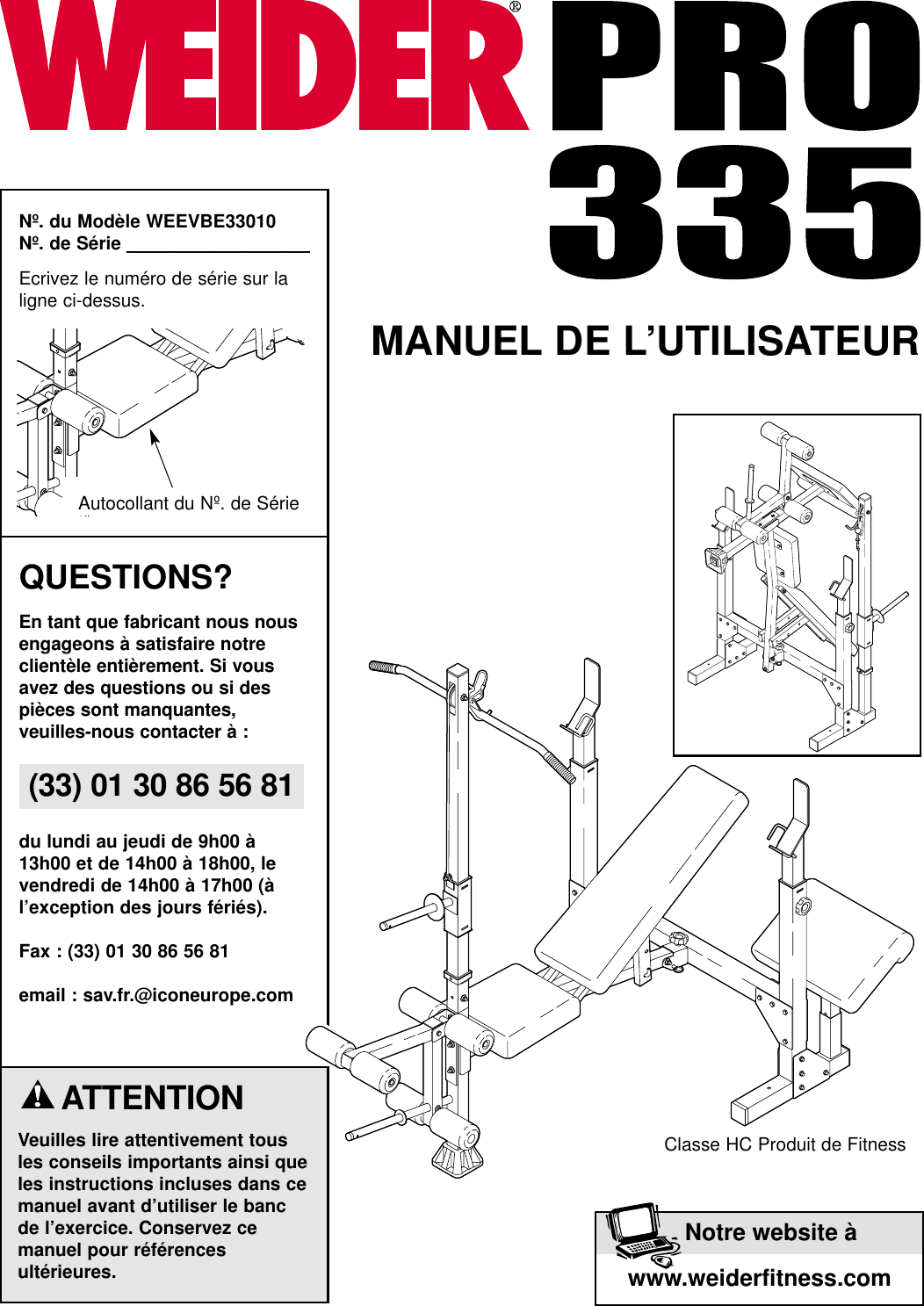 Weider Pro 335 Bench Weevbe3301 Users Manual