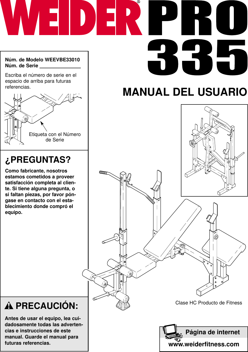 Weider Pro 335 Bench Weevbe3301 Users Manual