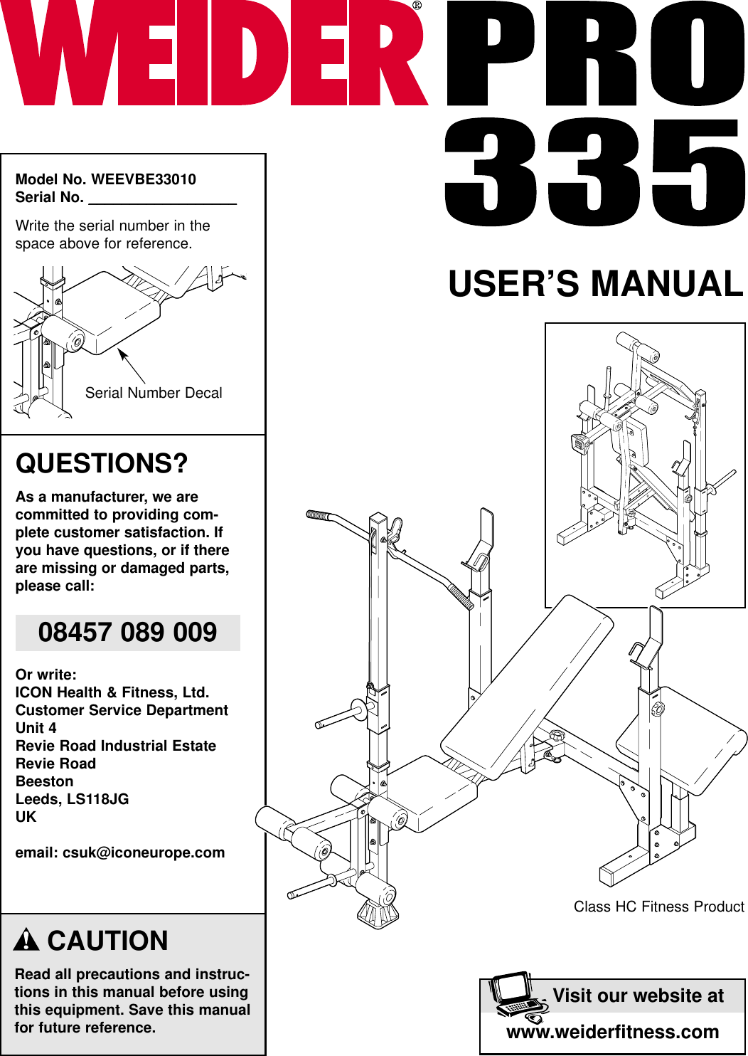 Weider Pro 335 Bench Weevbe3301 Users Manual