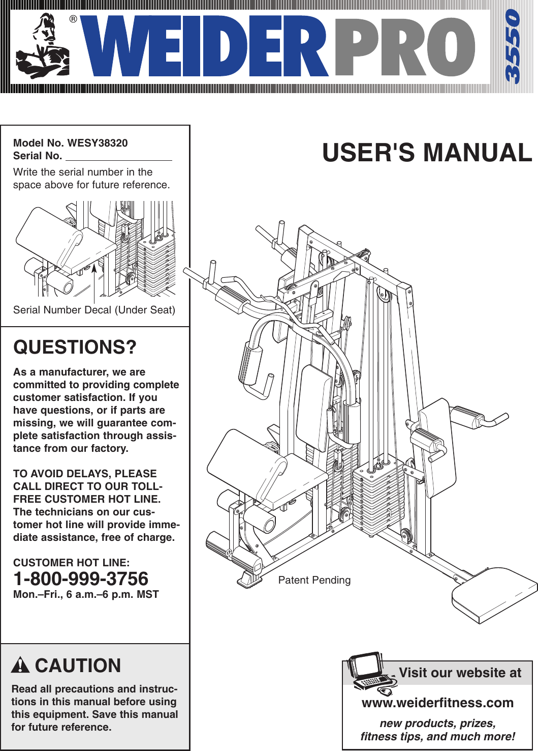Weider Pro 3550 System Wesy3832 Users Manual *WESY38320 189834