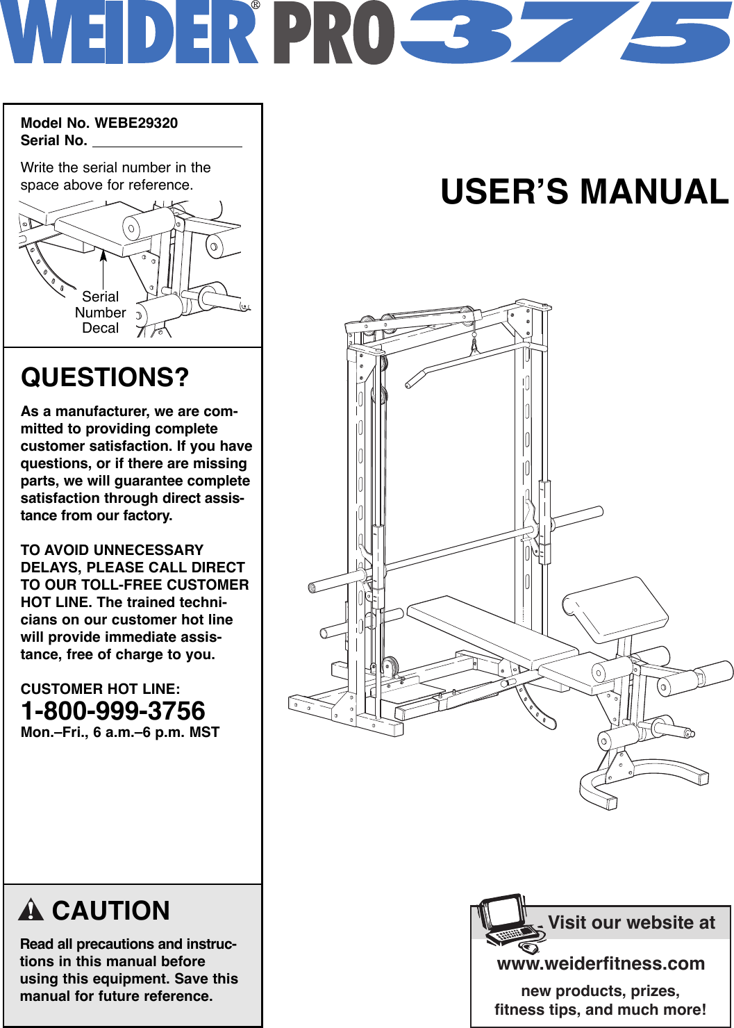 Weider Pro 375 Bench Webe2932 Users Manual *WEBE29320 187095