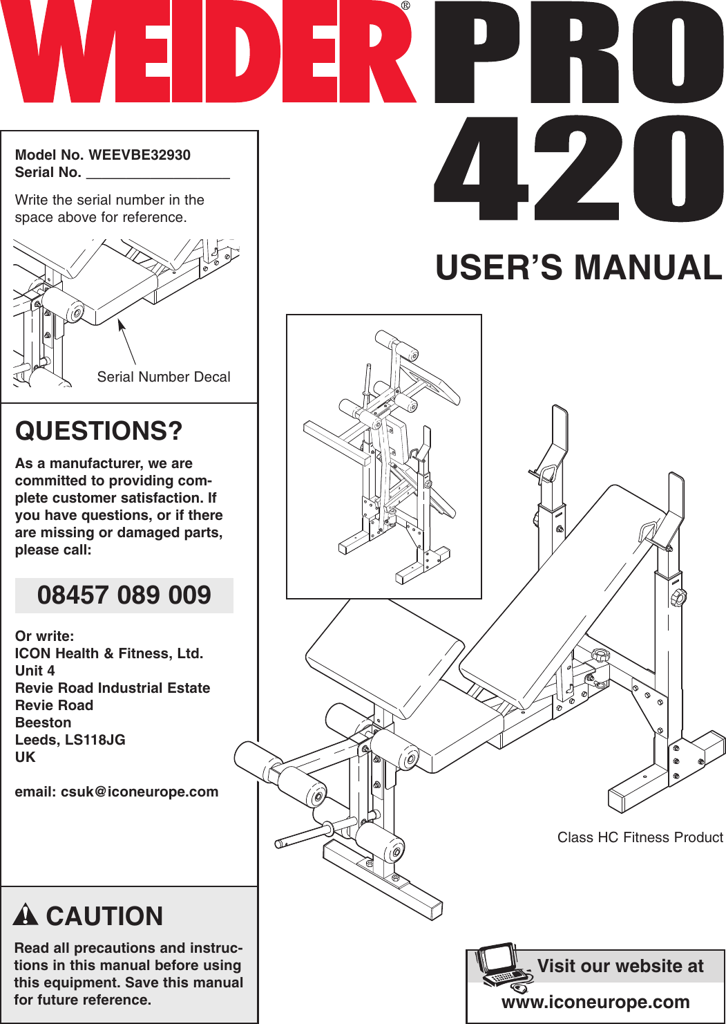 Weider Pro 420 Bench Weevbe3293 Users Manual *WEEVBE32930 197560(UK)