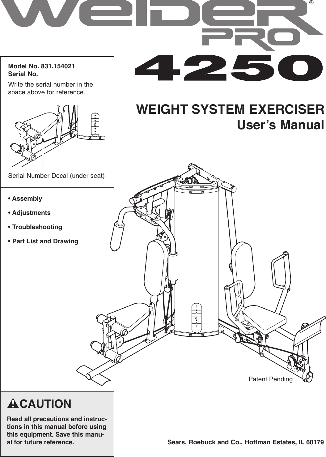 Weider Pro 4250 System 15402 Users Manual WESY39240 212817