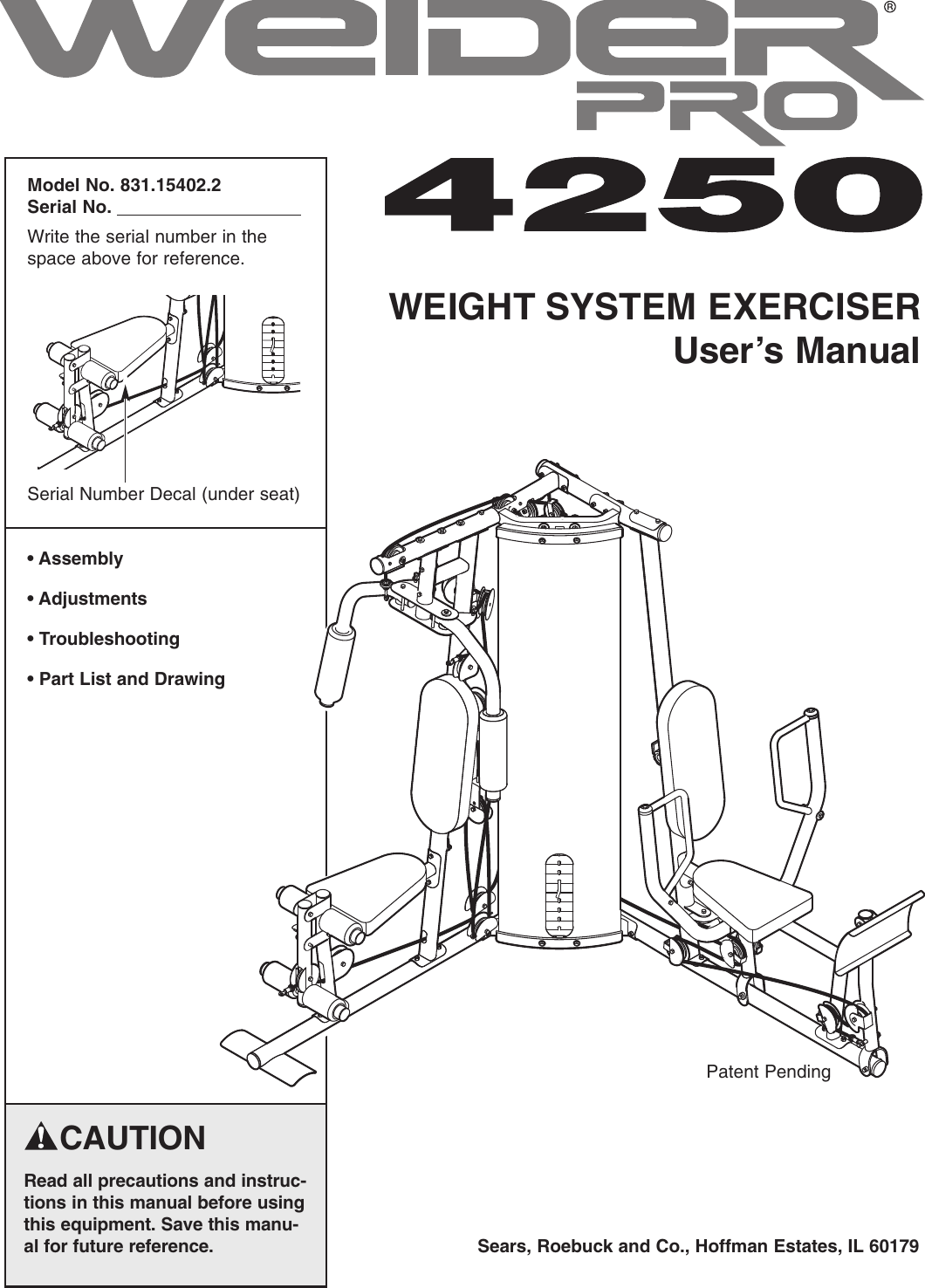 Weider Pro 4250 System 15402 Users Manual 154022 224978