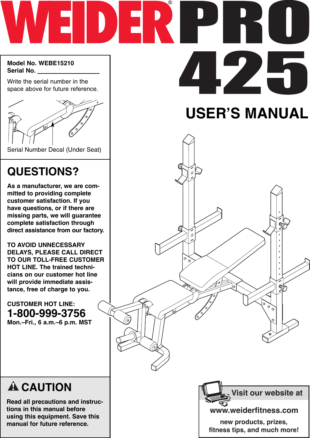 Weider Pro 425 Bench Webe1521 Users Manual *WEBE15210 177215