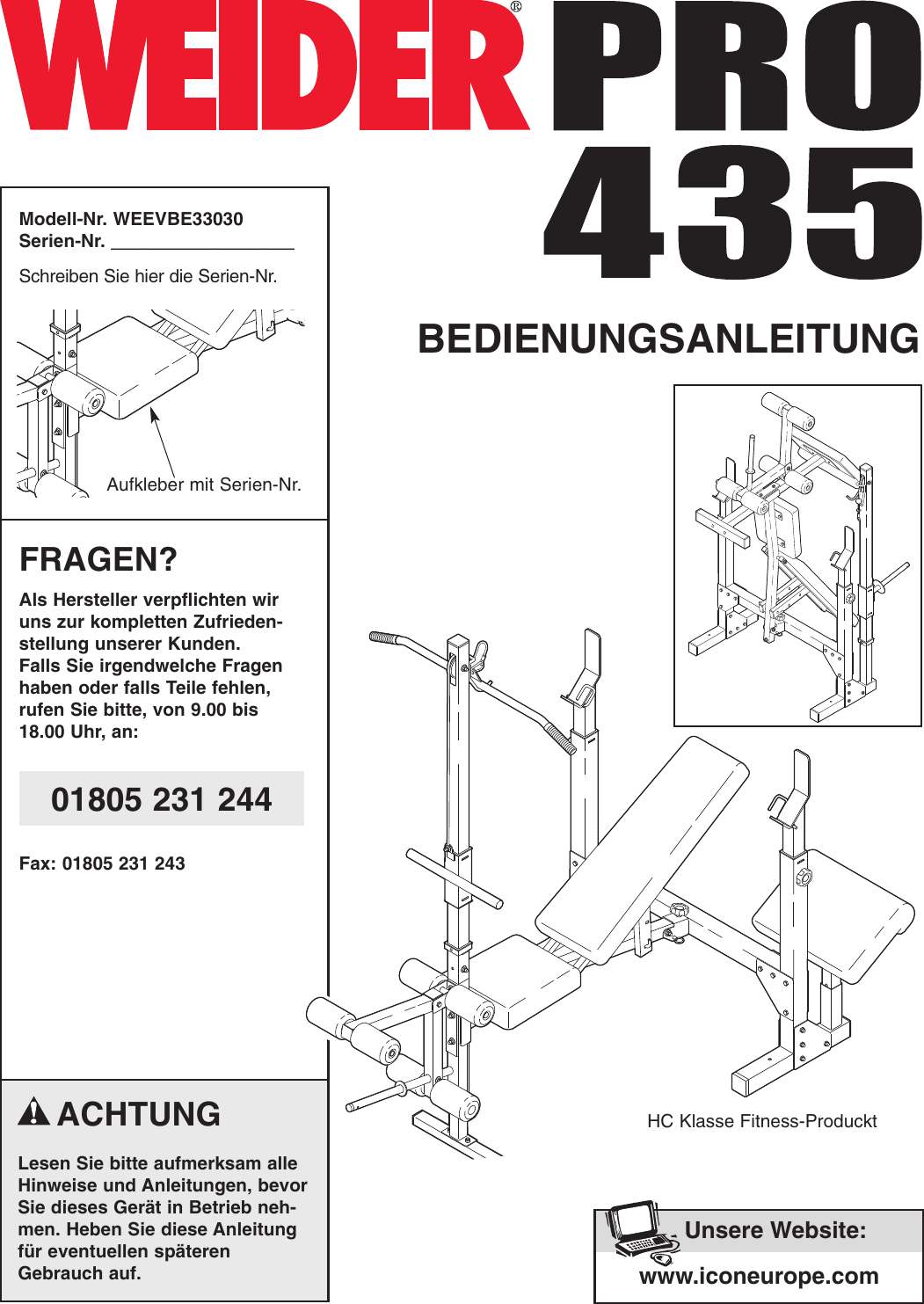 Weider Pro 435 Bench Weevbe3303 Users Manual *WEEVBE33030 197576(GR