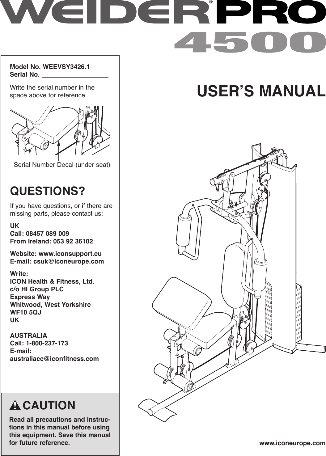 Weider Pro 4500 System Weevsy3426 Users Manual 285430