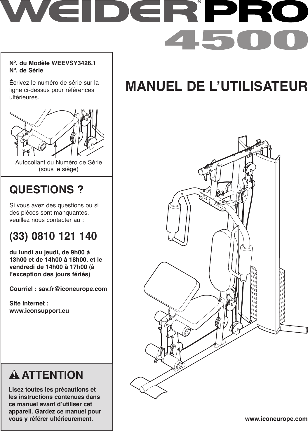 Weider Pro 4500 System Weevsy3426 Users Manual WEEVSY1975 0 232527 UK 