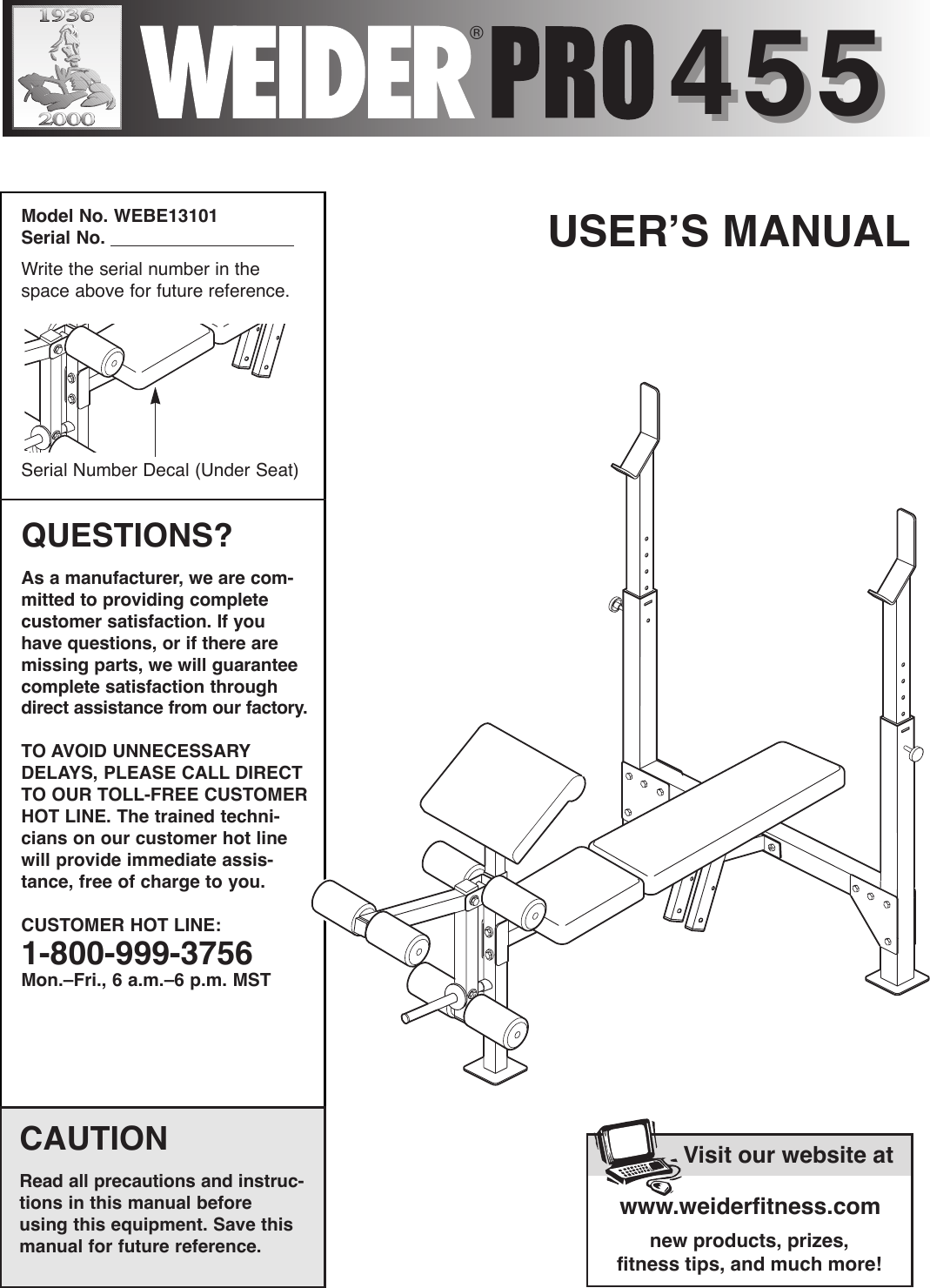 Weider Pro 455 Bench Webe1310 Users Manual *WEBE13101 169256