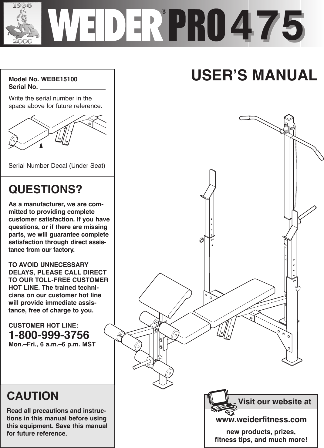Weider Pro 475 Bench Webe1510 Users Manual *WEBE15100 166279