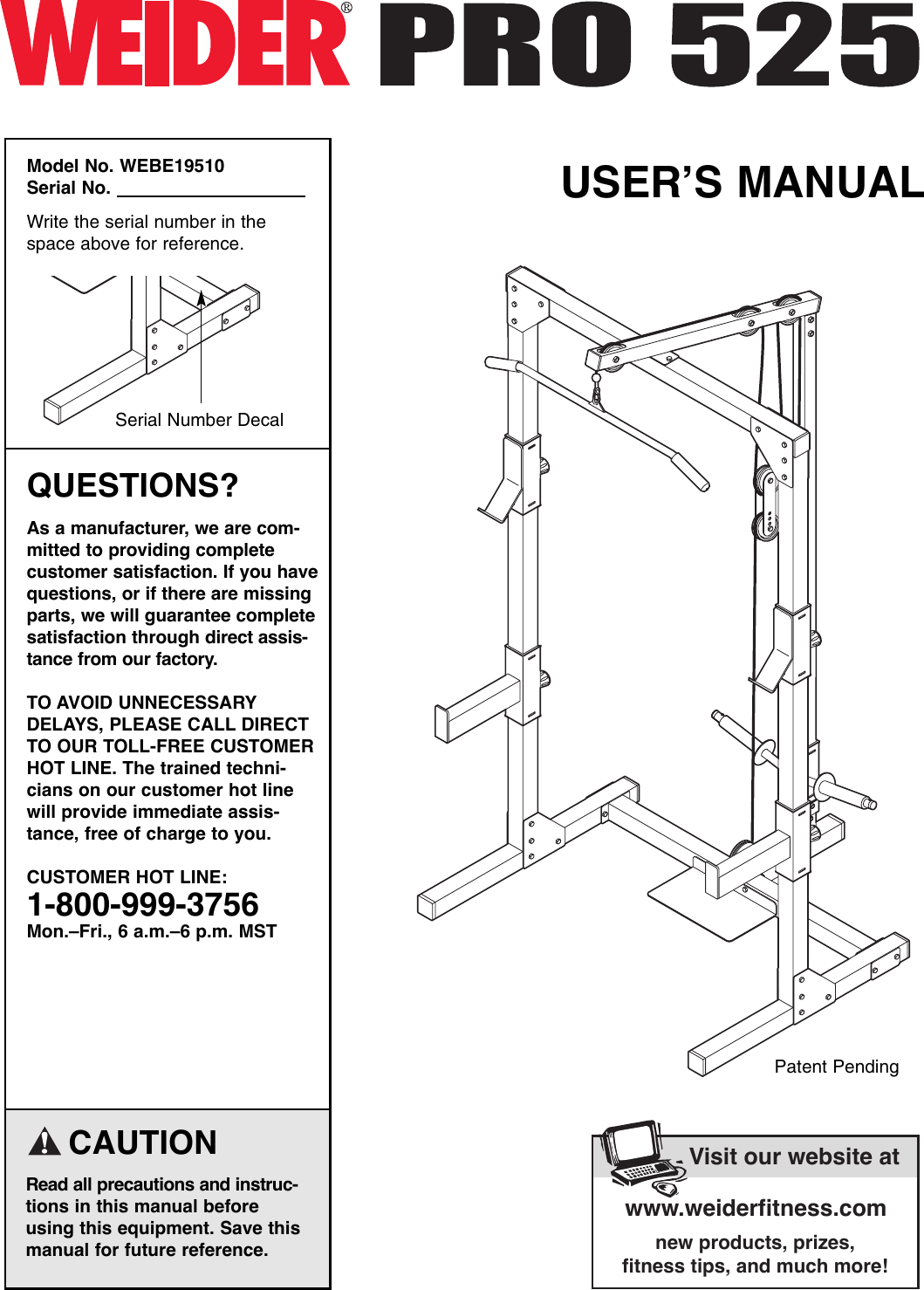 Weider Pro 525 Bench Webe1951 Users Manual *WEBE19510 176743