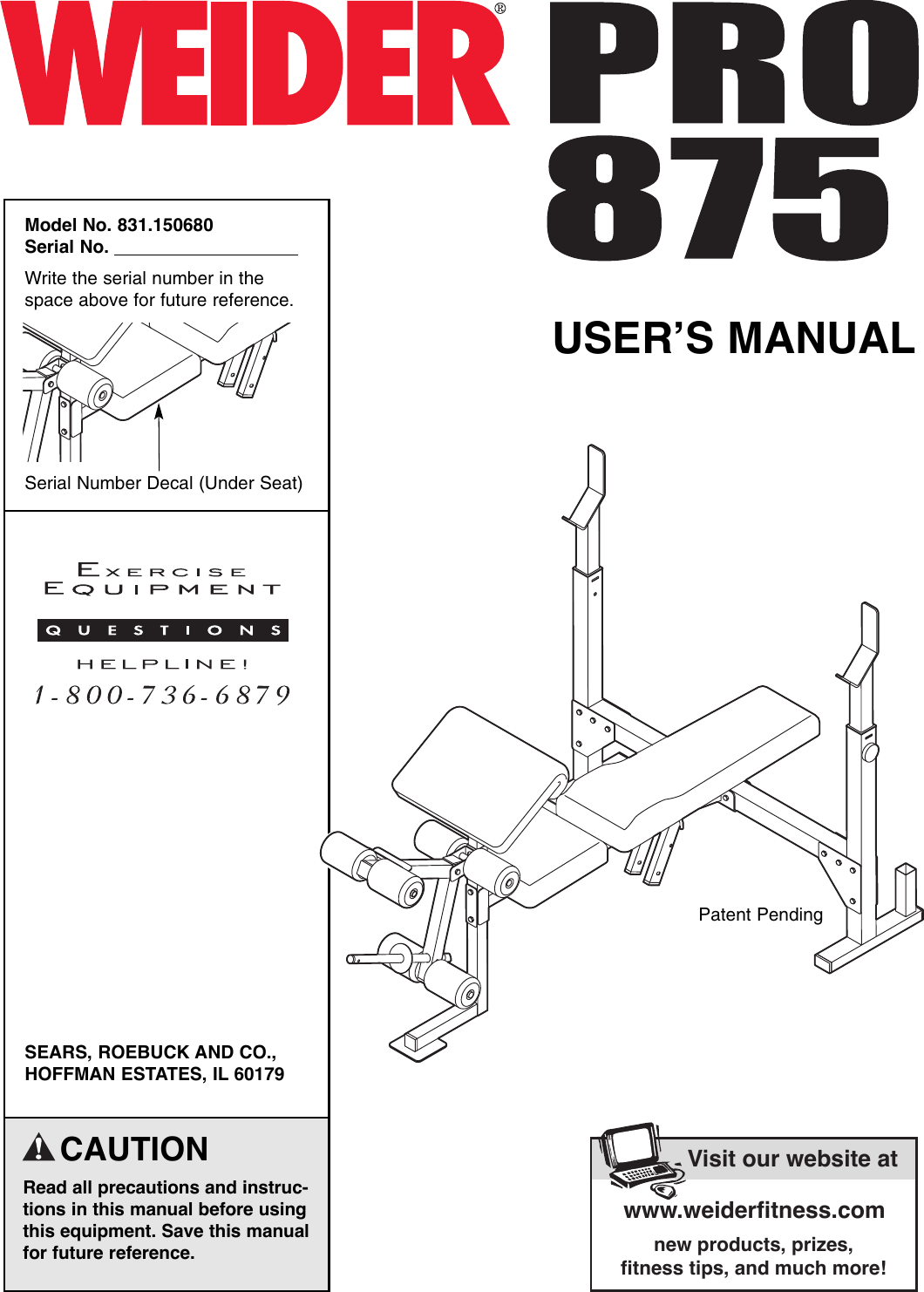Weider Pro 875 831 150680 Users Manual *150680 180660