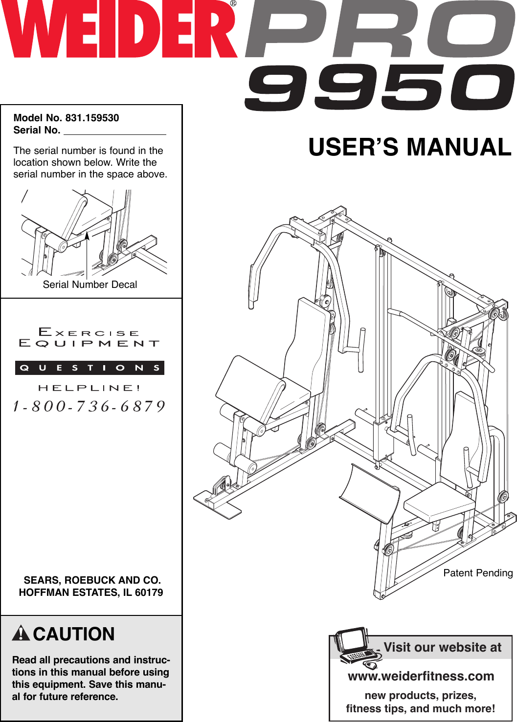 Weider Pro 9950 System 15953 Users Manual *159530 177796