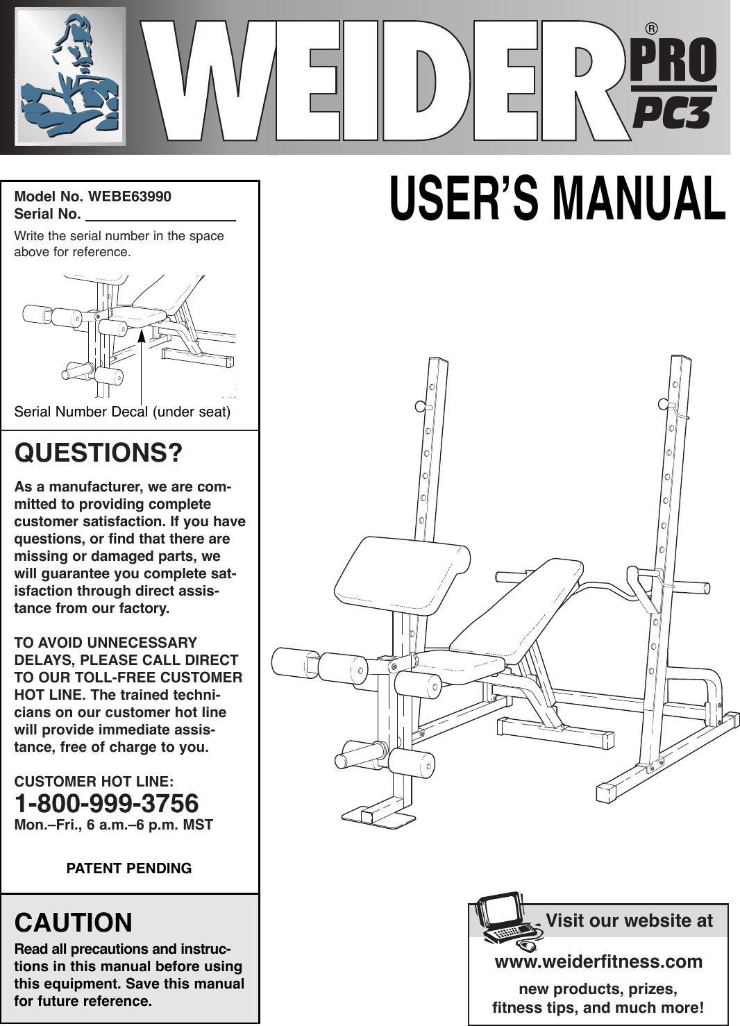Weider Pro Pc3 Bench Webe6399 Users Manual *WEBE63990 157743