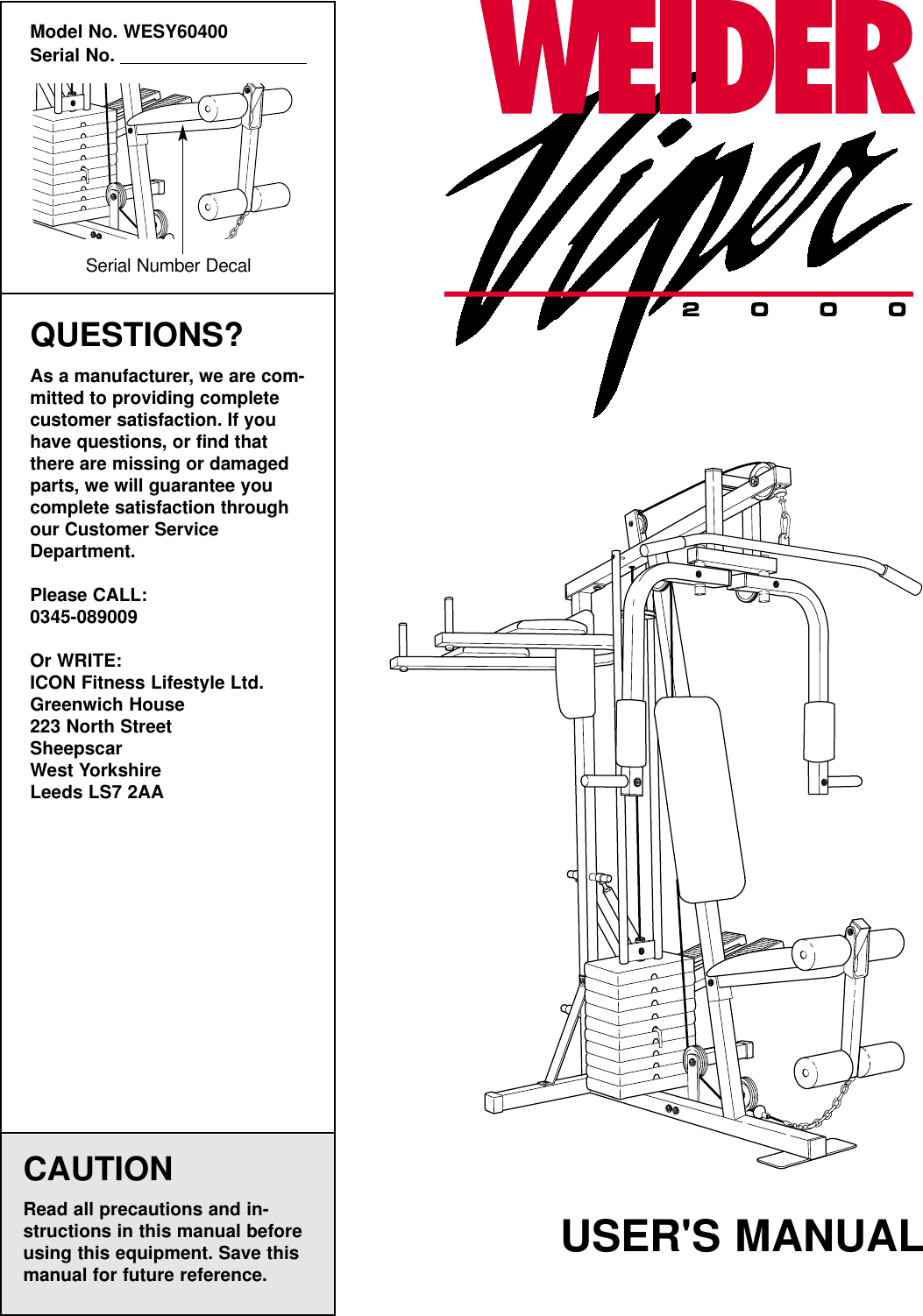 Weider Viper 2000 System Wesy6040 Users Manual
