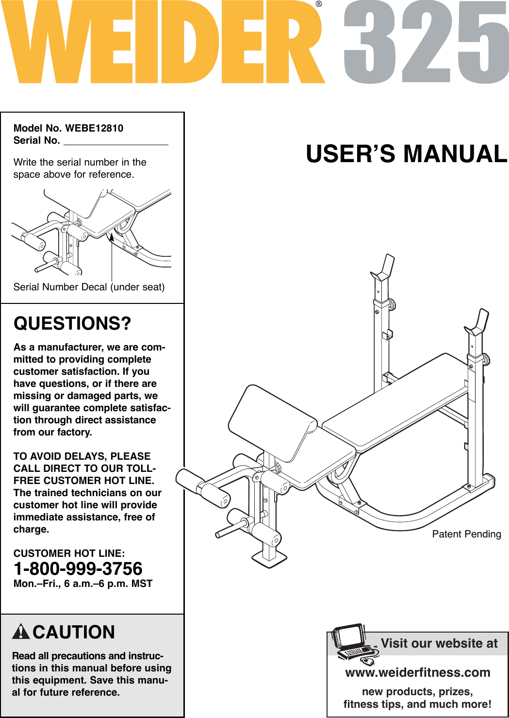 Weider Webe12810 Owner S Manual *WEBE12810 177212