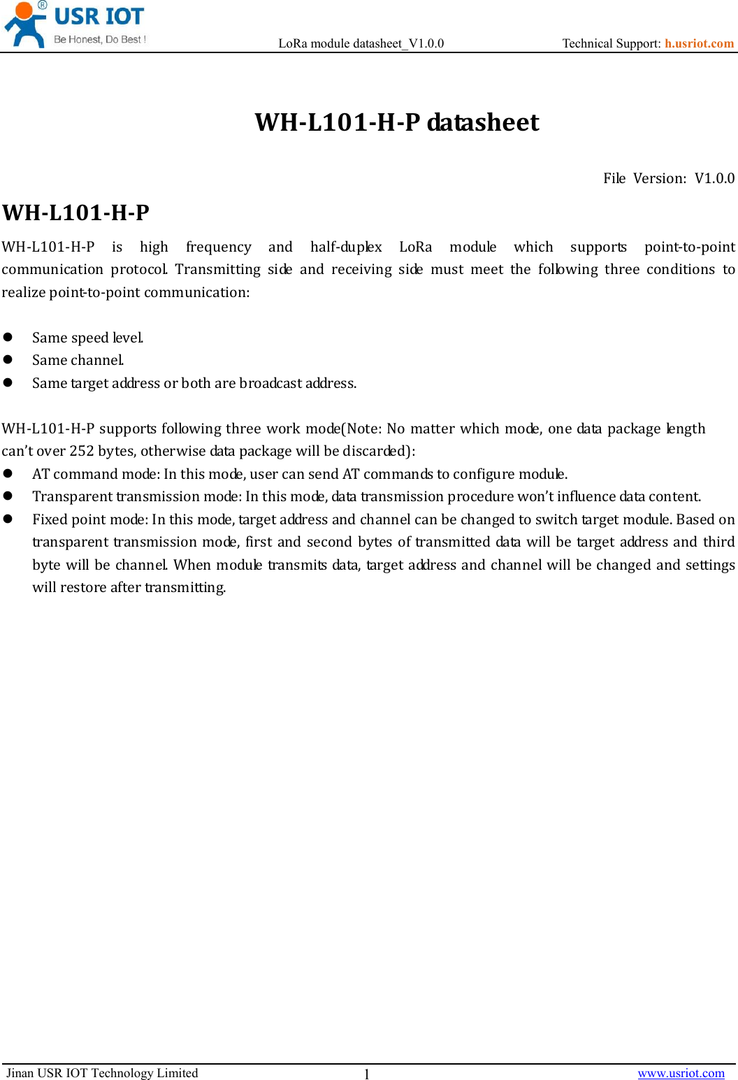 Wenheng Electronics Technology WH-L101 LoRa Module User Manual WH L101 L P