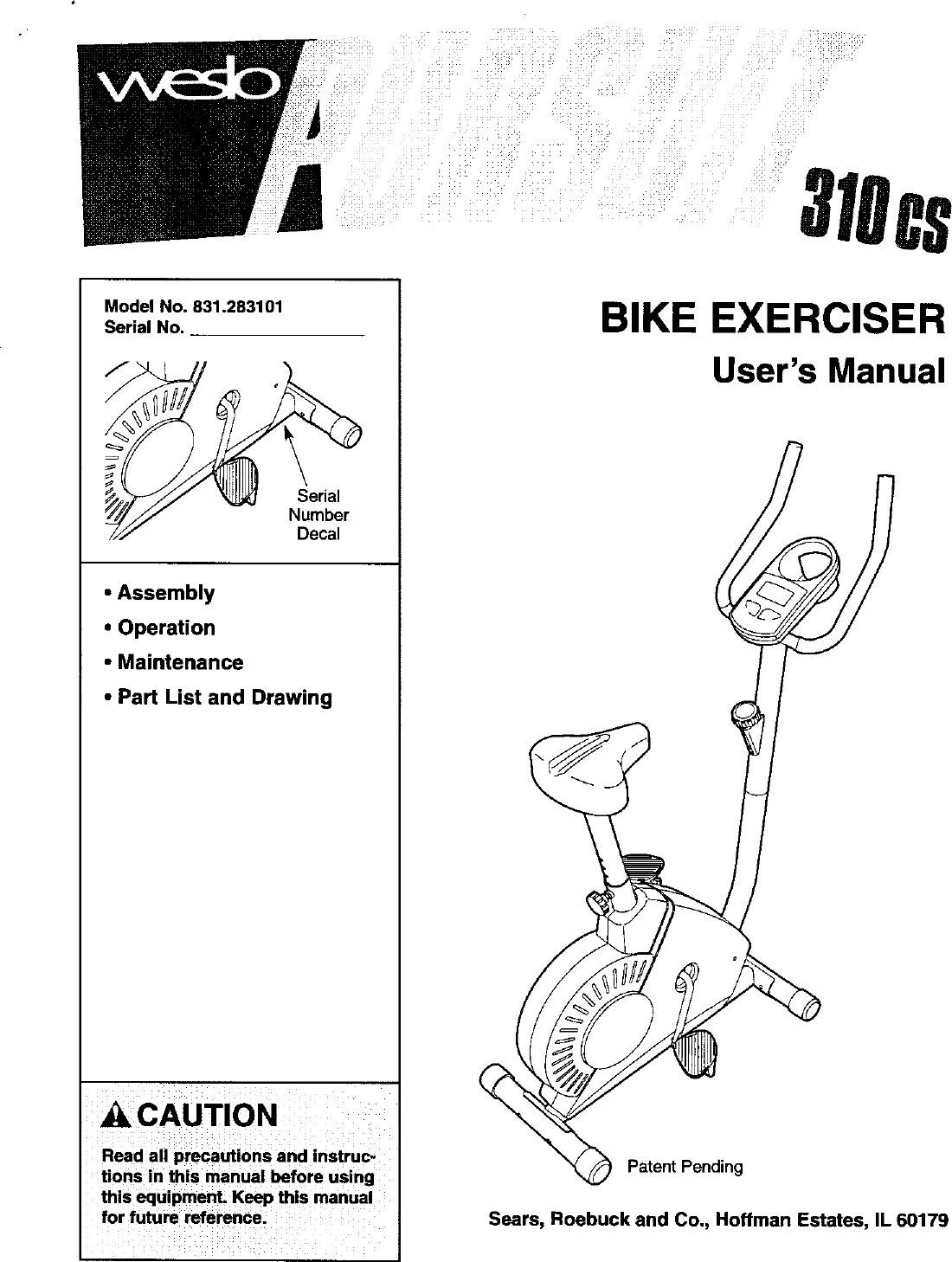 Weslo 831283101 User Manual PURSUIT 310CS Manuals And Guides L0410177