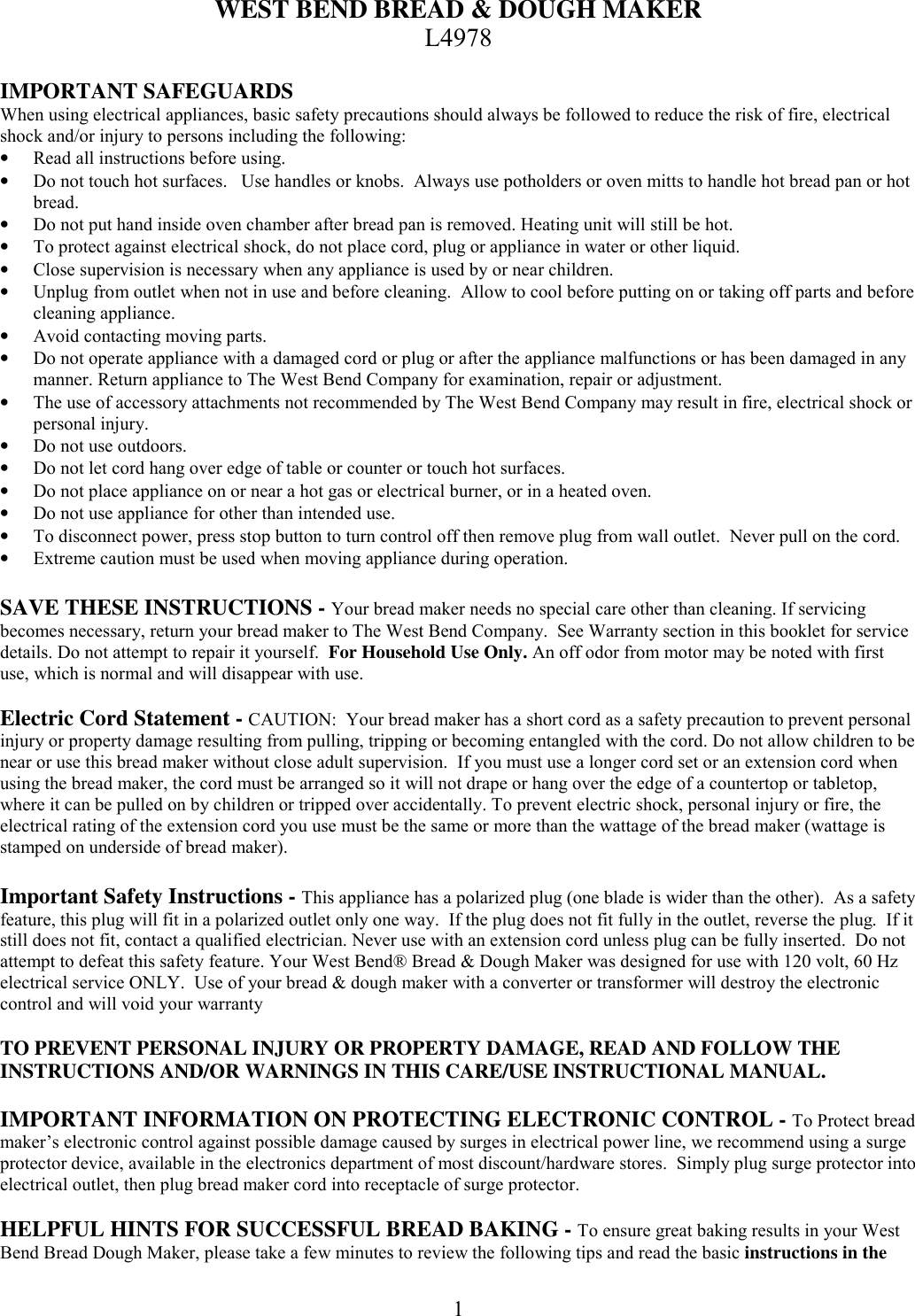 Westbend 41030 Bread Maker 1 5 Lb Owner S Manual West Bend Dough