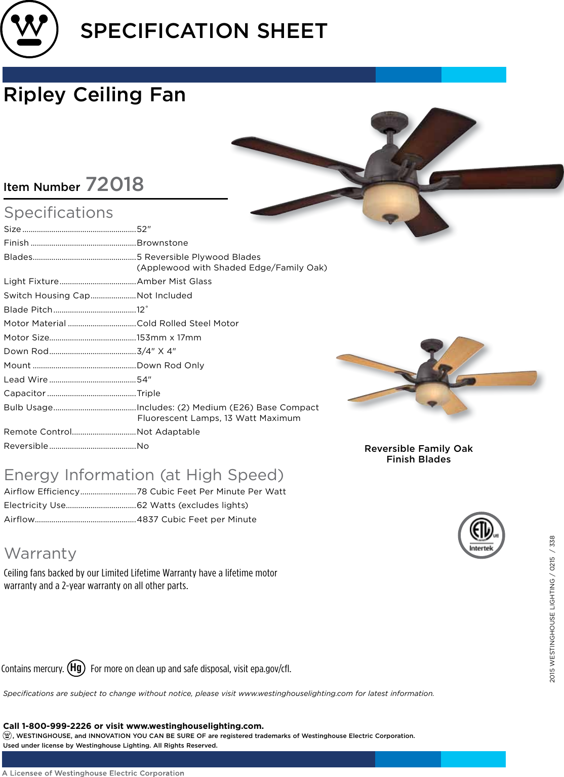Westinghouse Ripley 52 Inch Reversible Plywood Five Blade Indoor ...