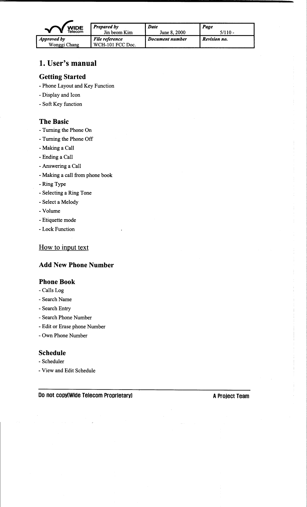 Wide Telecom WCH-101 Single Mode CDMA Cellular Phone User Manual